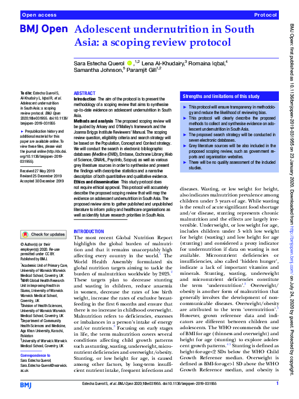 (PDF) Adolescent undernutrition in South Asia: a scoping review protocol