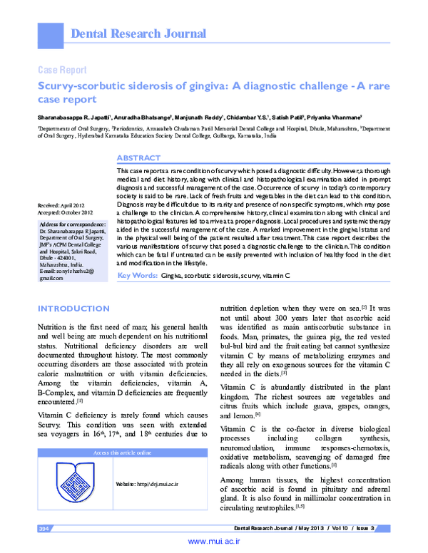 (PDF) Scurvy-scorbutic siderosis of gingiva: A diagnostic challenge - A ...
