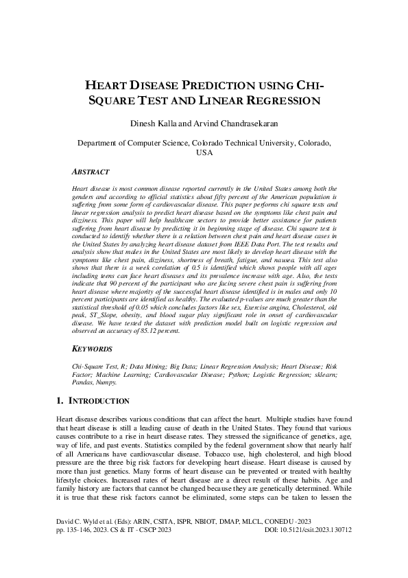 (PDF) HEART DISEASE PREDICTION USING CHI-SQUARE TEST AND LINEAR REGRESSION