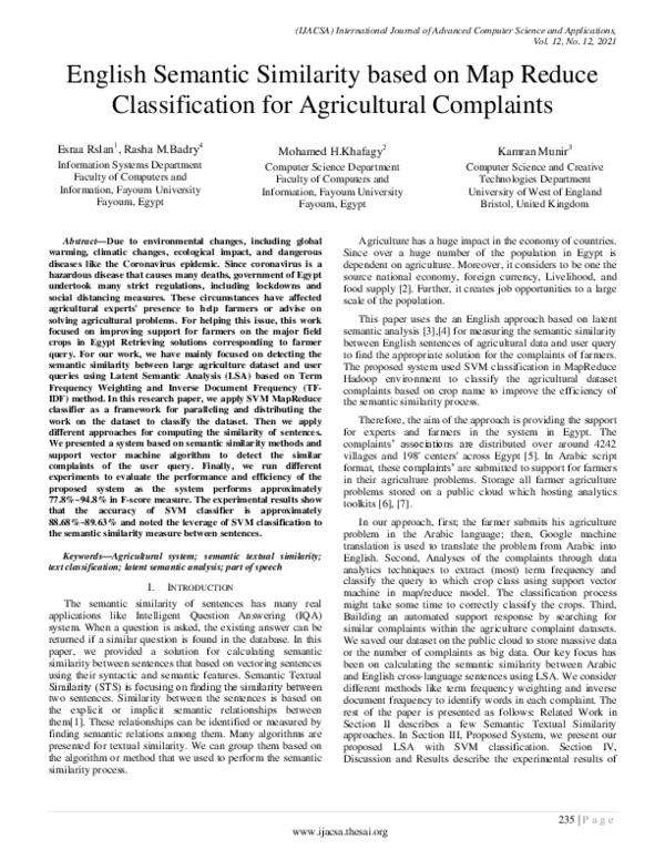 (PDF) English Semantic Similarity based on Map Reduce Classification for Agricultural Complaints
