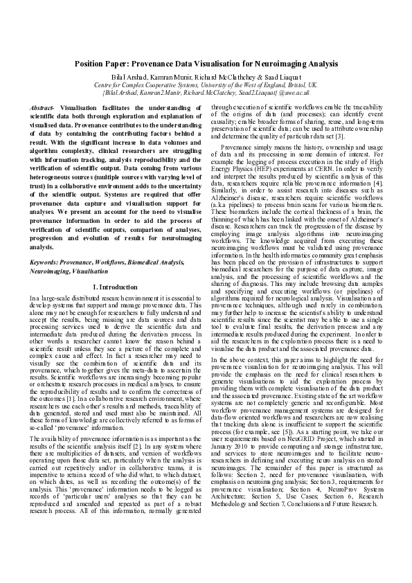 (PDF) Position Paper: Provenance Data Visualisation for Neuroimaging Analysis | Kamran Munir ...