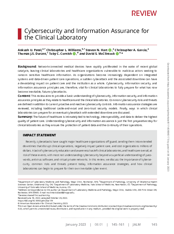 (PDF) Cybersecurity and Information Assurance for the Clinical Laboratory