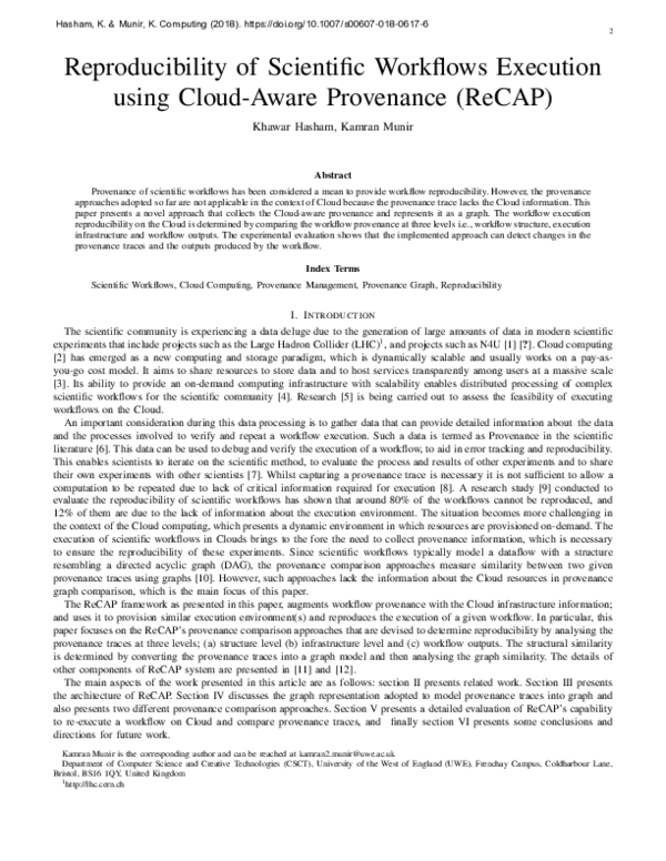 Pdf Reproducibility Of Scientific Workflows Execution Using Cloud Aware Provenance Recap 0953
