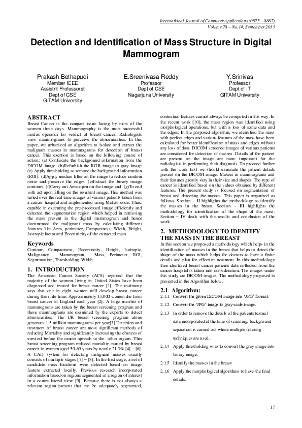 (PDF) Detection and Identification of Mass Structure in Digital Mammogram