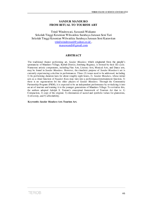 (PDF) Sandur Manduro From Ritual To Tourism Art | Suwandi Widianto ...