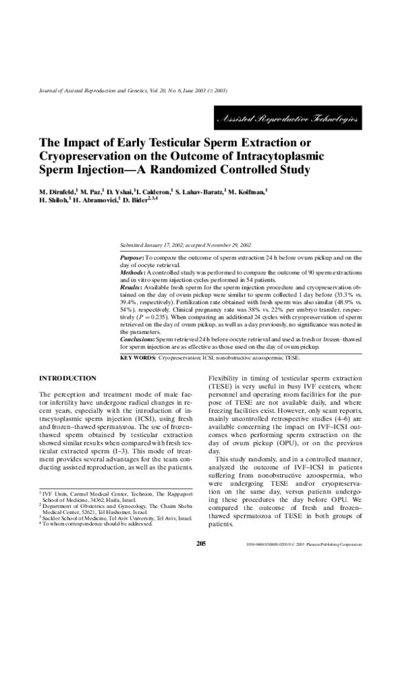 Pdf The Impact Of Early Testicular Sperm Extraction Or Cryopreservation On The Outcome Of