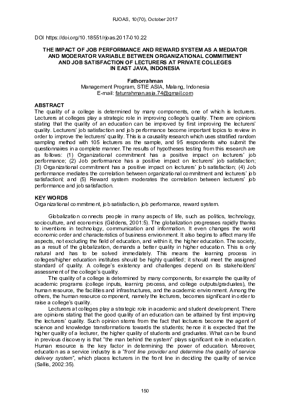 (PDF) The Impact of Job Performance and Reward System as a Mediator and Moderator Variable ...