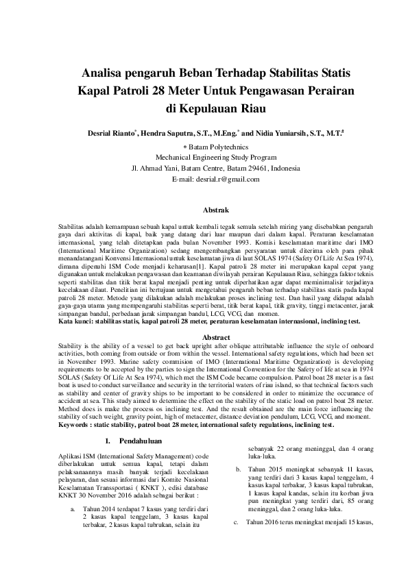 (PDF) Analisa pengaruh Beban Terhadap Stabilitas Statis Kapal Patroli 28 Meter Untuk Pengawasan ...