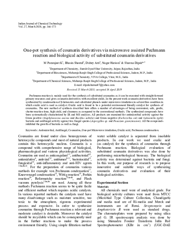 (PDF) One-pot synthesis of coumarin derivatives via microwave assisted ...