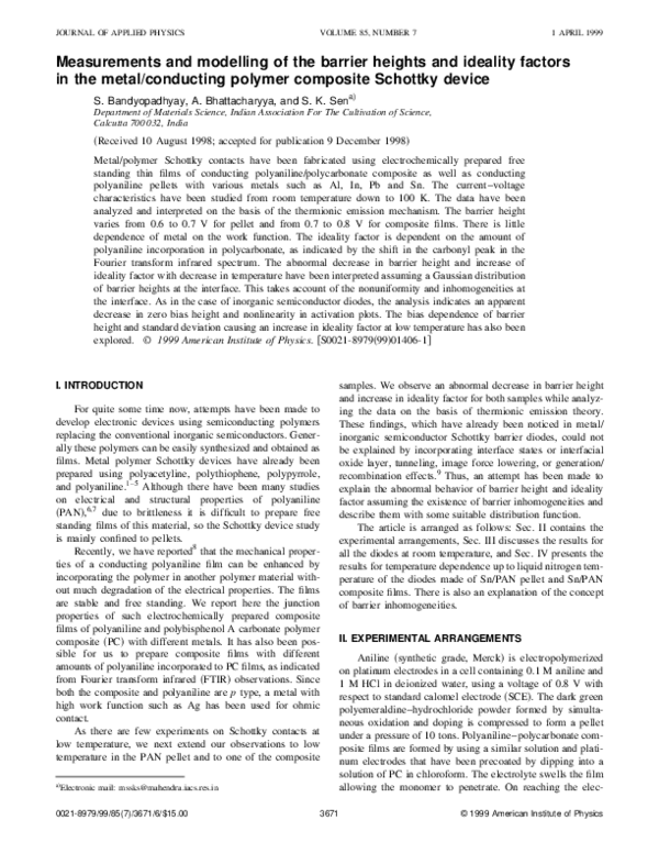 Pdf Measurements And Modelling Of The Barrier Heights And Ideality