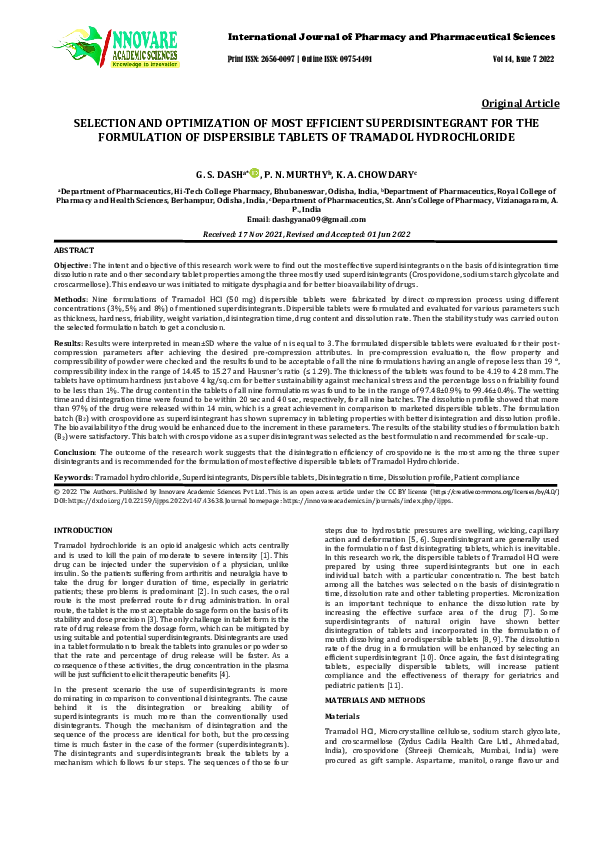 (PDF) SELECTION AND OPTIMIZATION OF MOST EFFICIENT SUPERDISINTEGRANT ...