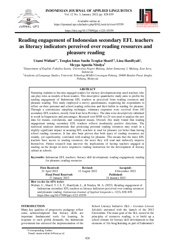 (PDF) Reading engagement of Indonesian secondary EFL teachers as literacy indicators perceived ...