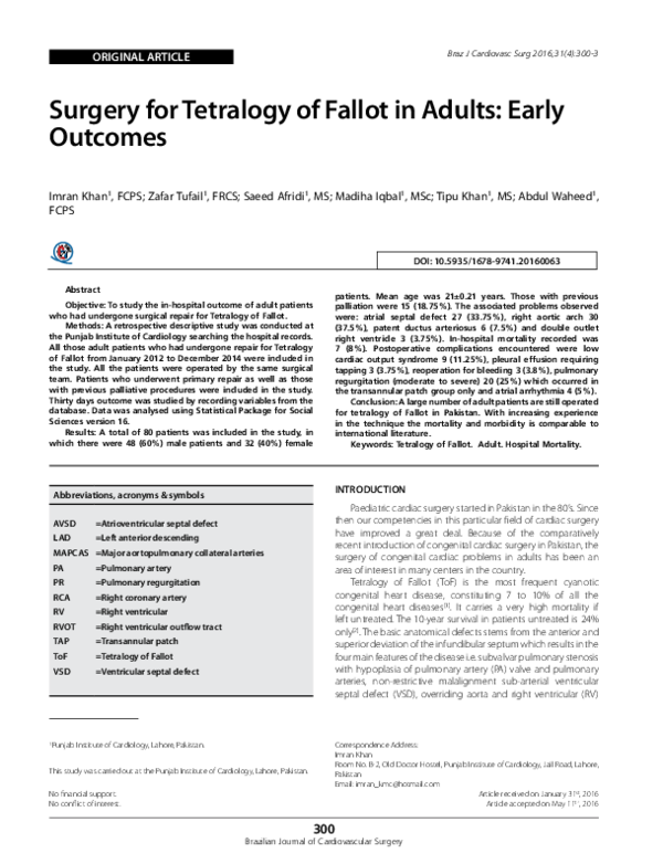 (PDF) Surgery for Tetralogy of Fallot in Adults: Early Outcomes
