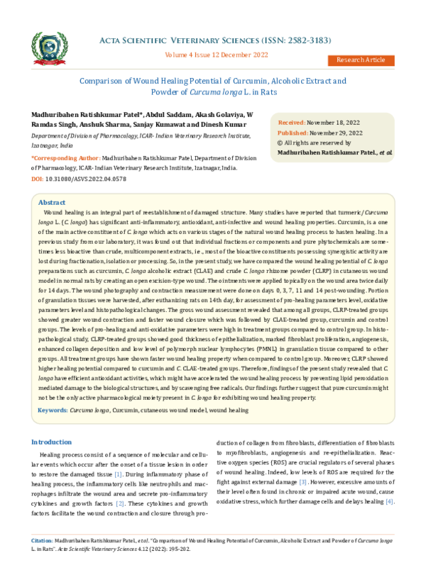(PDF) Comparison of Wound Healing Potential of Curcumin, Alcoholic ...