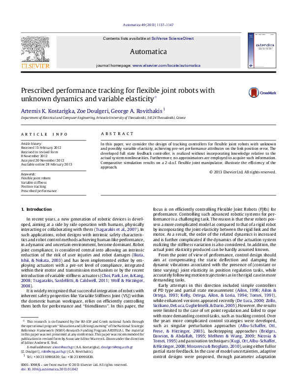 (PDF) Prescribed performance tracking for flexible joint robots with unknown dynamics and ...
