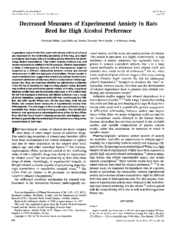 (PDF) Decreased Measures of Experimental Anxiety in Rats Bred for High ...
