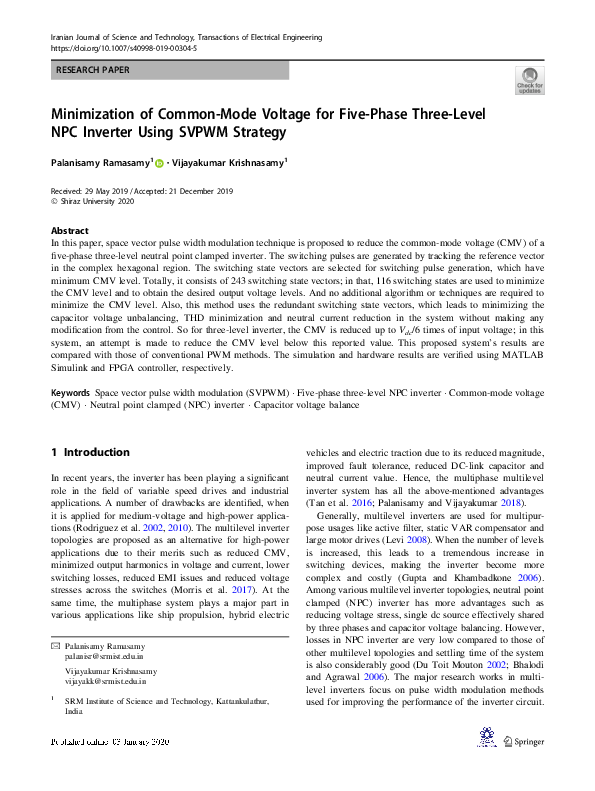 Pdf Reducing Common Mode Voltage In Five Phase Inverters