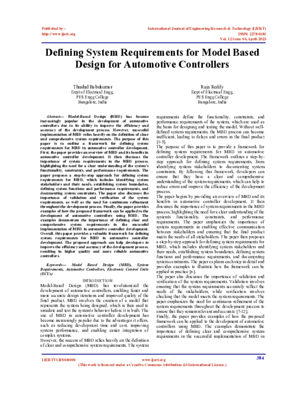(PDF) Defining System Requirements for Model Based Design for ...