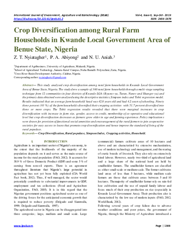 (PDF) Crop Diversification among Rural Farm Households in Kwande Local Government Area of Benue ...
