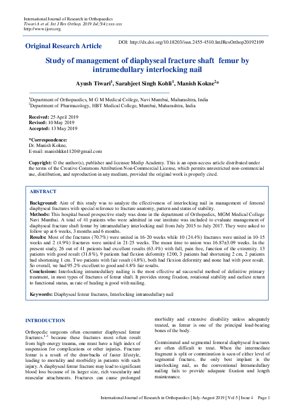 (PDF) Study of management of diaphyseal fracture shaft femur by intramedullary interlocking nail