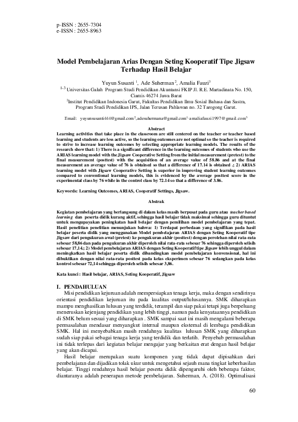 (PDF) Model Pembelajaran Arias Dengan Seting Kooperatif Tipe Jigsaw Terhadap Hasil Belajar