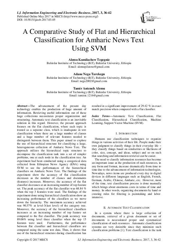 (PDF) A Comparative Study of Flat and Hierarchical Classification for Amharic News Text Using SVM