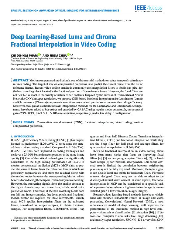 (PDF) Deep Learning-Based Luma and Chroma Fractional Interpolation in Video Coding | Jinjia Zhou ...