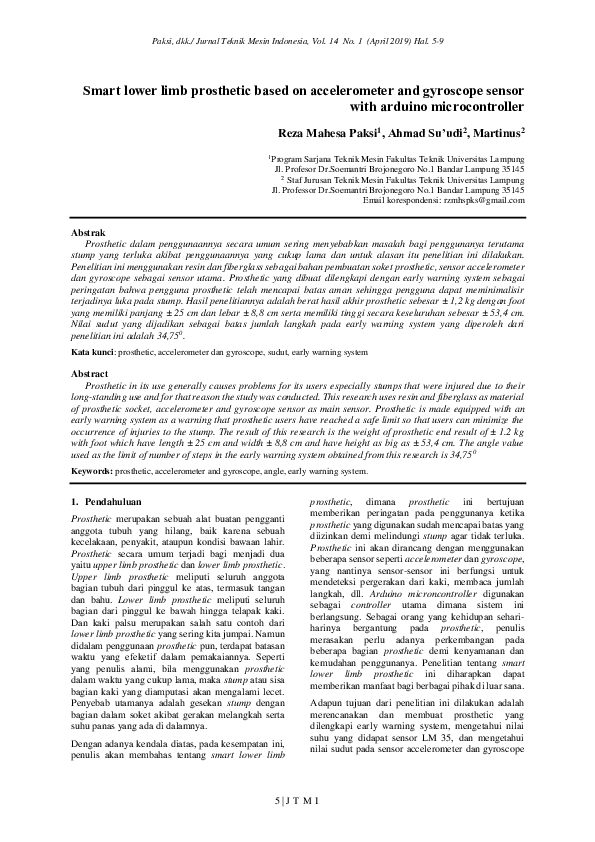 (PDF) Smart lower limb prosthetic based On accelerometer and gyroscope sensor with arduino ...