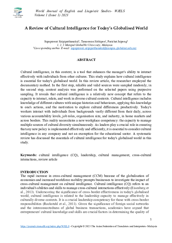 (PDF) A Review of Cultural Intelligence for Today's Globalised World