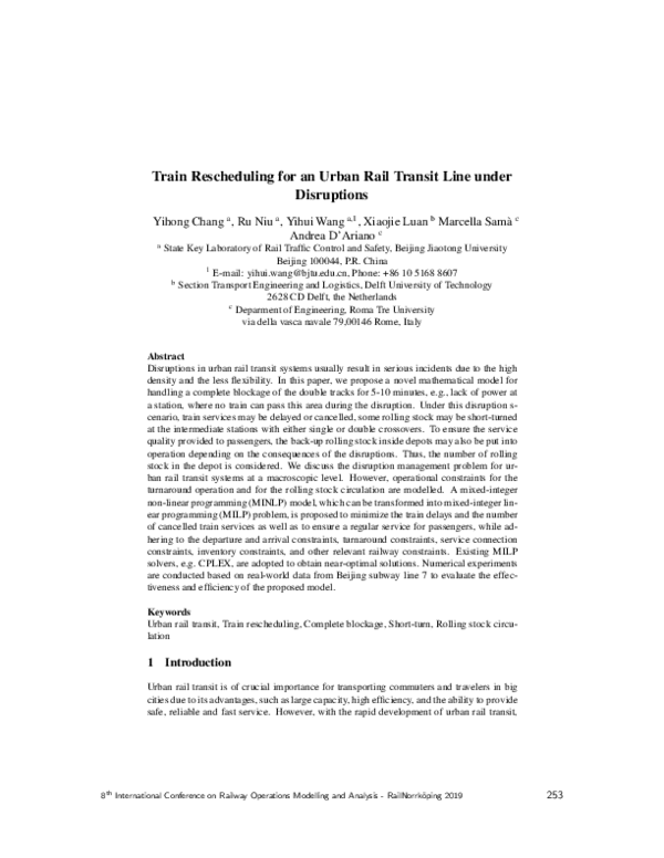 (PDF) Train Rescheduling for an Urban Rail Transit Line under Disruptions