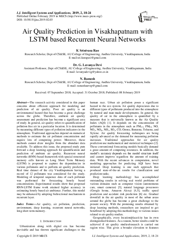 (PDF) Air Quality Prediction in Visakhapatnam with LSTM based Recurrent ... (PDF) Air Quality Prediction in Visakhapatnam with LSTM based Recurrent ...