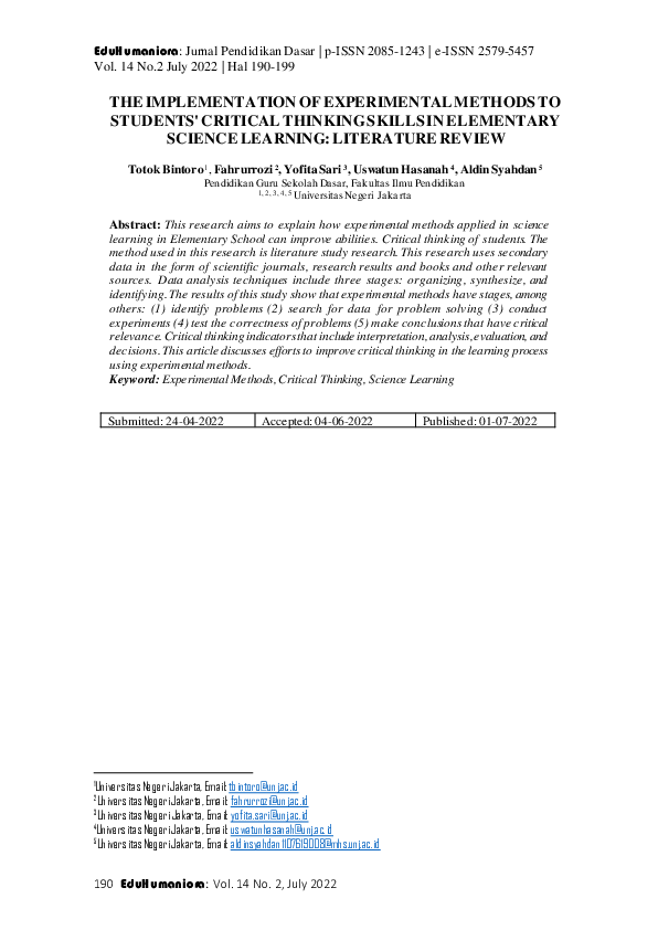 (PDF) The Implementation of Experimental Methods to Students' Critical ...