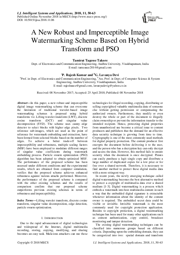 (PDF) A New Robust and Imperceptible Image Watermarking Scheme Based on Hybrid Transform and PSO