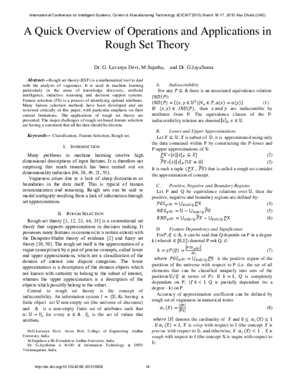 (PDF) A Quick Overview of Operations and Applications in Rough Set Theory