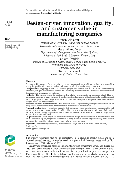 (PDF) Design-driven innovation, quality, and customer value in manufacturing companies
