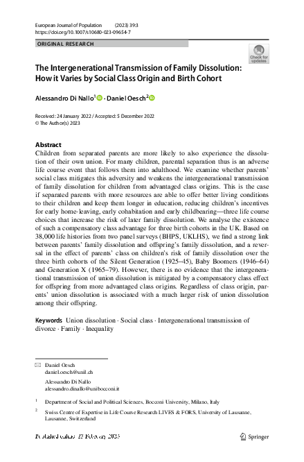 (PDF) The Intergenerational Transmission of Family Dissolution: How it Varies by Social Class ...