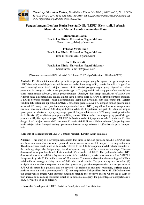 (PDF) Pengembangan Lembar Kerja Peserta Didik (LKPD) Elektronik Berbasis Masalah pada Materi ...