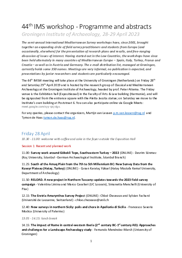 (PDF) 44th IMS workshop - Programme and abstracts Groningen Institute of Archaeology, 28-29 ...