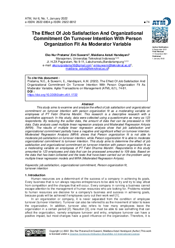 (PDF) Effect Of Job Satisfaction And Organizational Commitment On Turnover Intention With Person ...