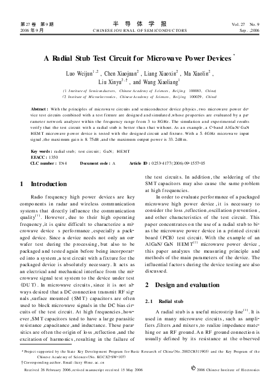 (PDF) A Radial Stub Test Circuit for Microwave Power Devices | liu ...