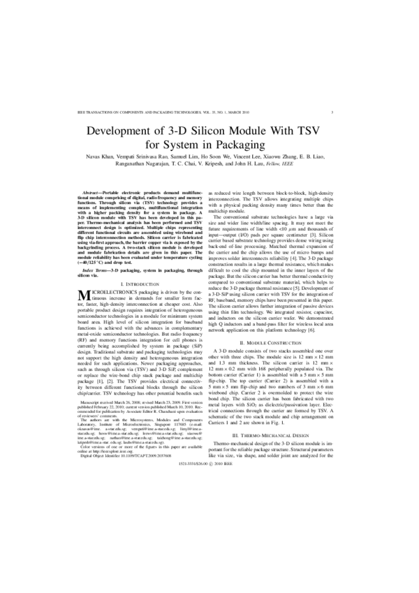 (PDF) Development of 3-D Silicon Module With TSV for System in Packaging