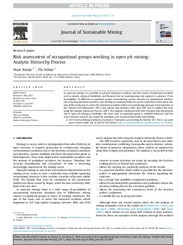 Pdf Risk Assessment Of Occupational Groups Working In Open Pit Mining Analytic Hierarchy Process