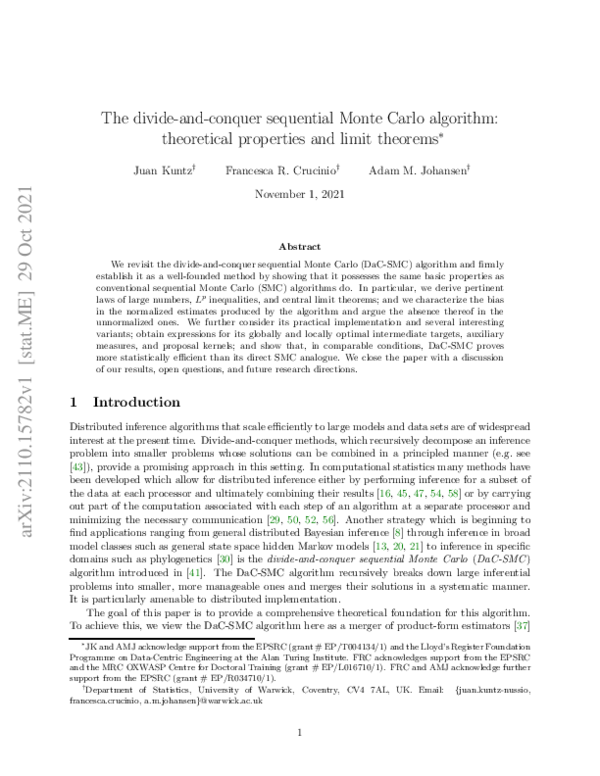 Pdf The Divide And Conquer Sequential Monte Carlo Algorithm Theoretical Properties And Limit