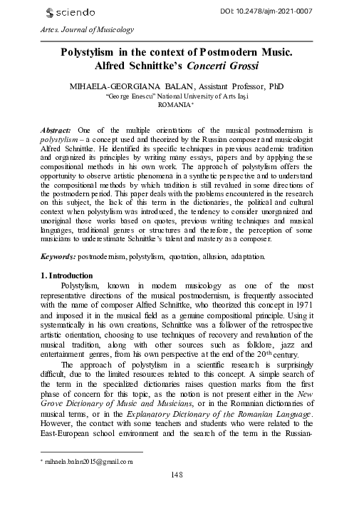 (PDF) Polystylism in the context of Postmodern Music. Alfred Schnittke ...