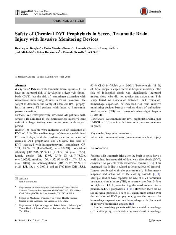 (PDF) Safety of Chemical DVT Prophylaxis in Severe Traumatic Brain ...