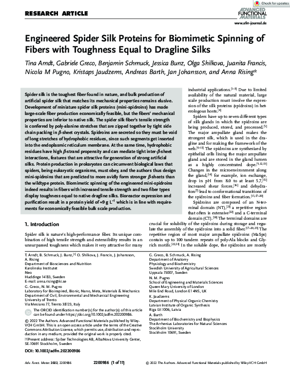 (PDF) Engineered Spider Silk Proteins for Biomimetic Spinning of Fibers ...