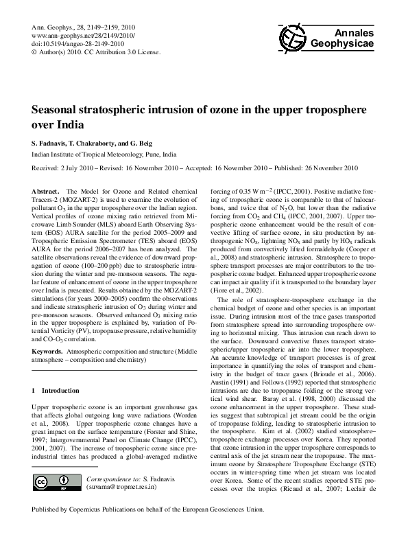 (PDF) Seasonal stratospheric intrusion of ozone in the upper ...