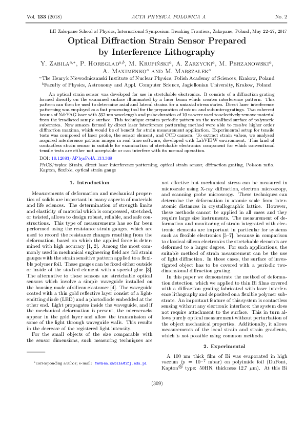 (PDF) Optical Diffraction Strain Sensor Prepared by Interference ...