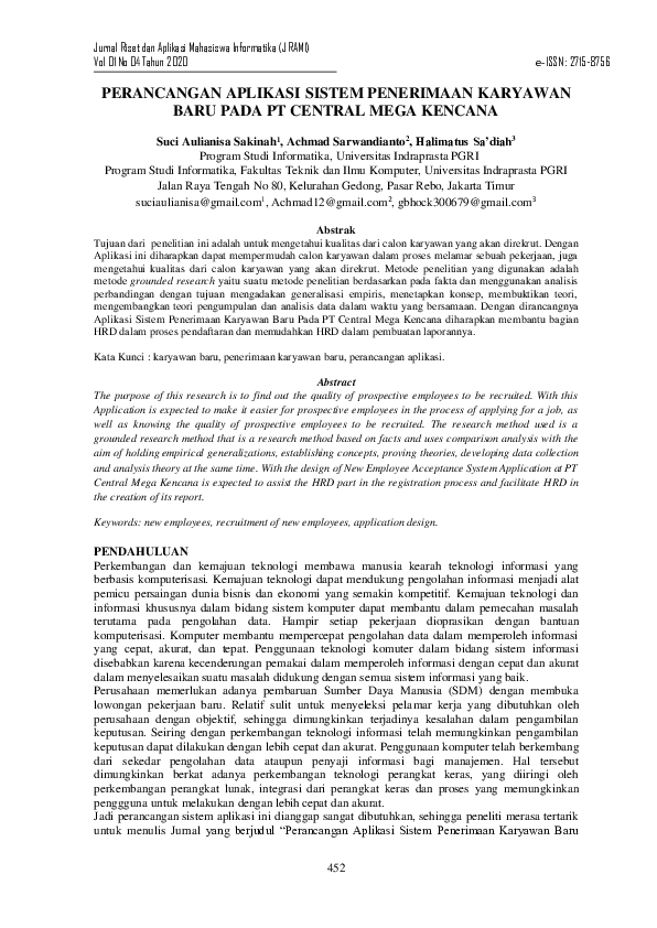 (PDF) Perancangan Aplikasi Sistem Penerimaan Karyawan Baru pada PT Central Mega Kencana