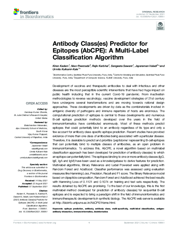 (PDF) Antibody Class(es) Predictor for Epitopes (AbCPE): A Multi-Label Classification Algorithm
